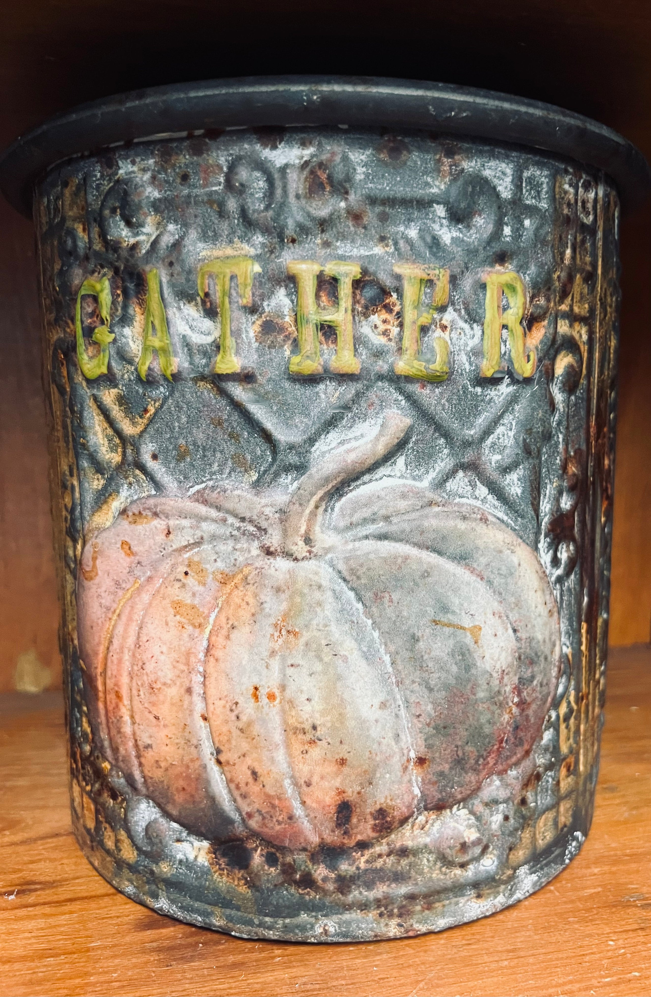 Gather Metal Pumpkin Tin Bucket with Distressed Finished | Homespun ...